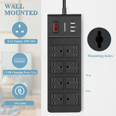 8 Way Extension Lead 3M, Multiple Plug Power Strip with 3 USB Charging ...