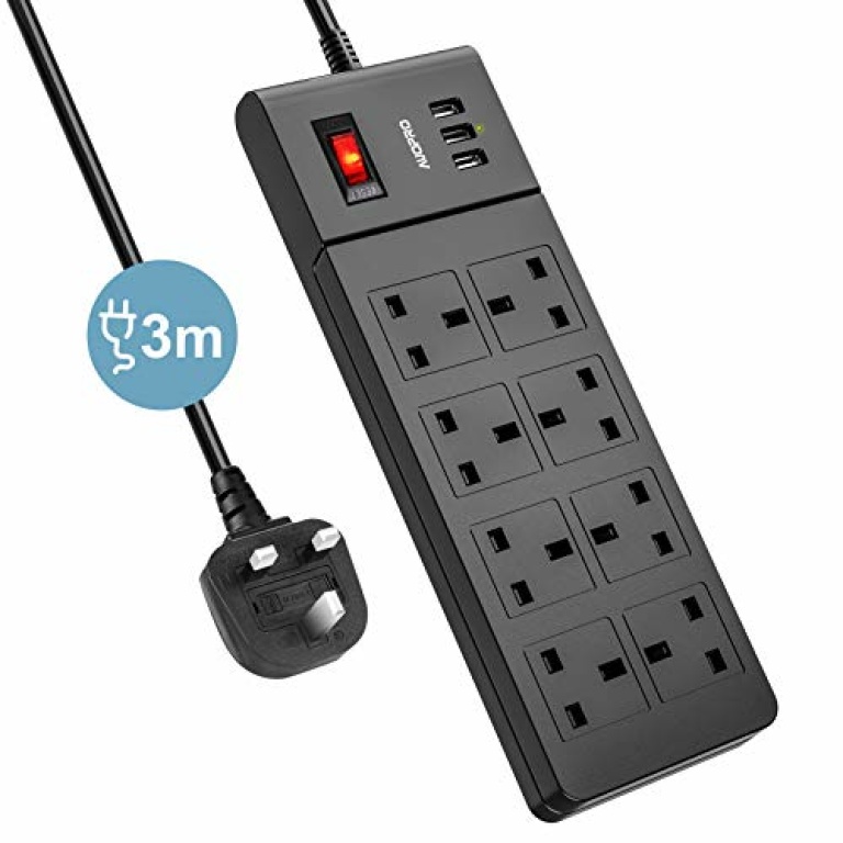 8 Way Extension Lead 3M, Multiple Plug Power Strip with 3 USB Charging ...
