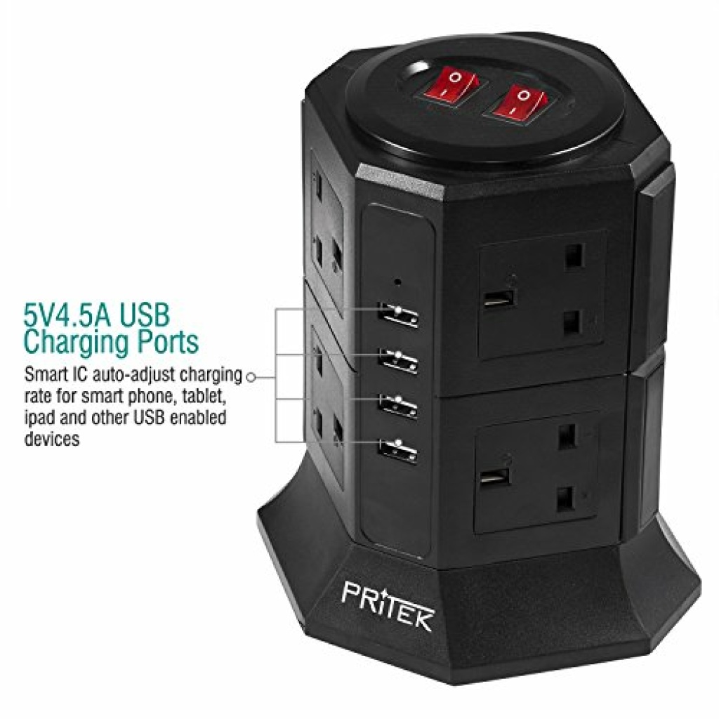 PRITEK 8 Way Extension Lead with 4 USB Ports - Remote Working Office ...
